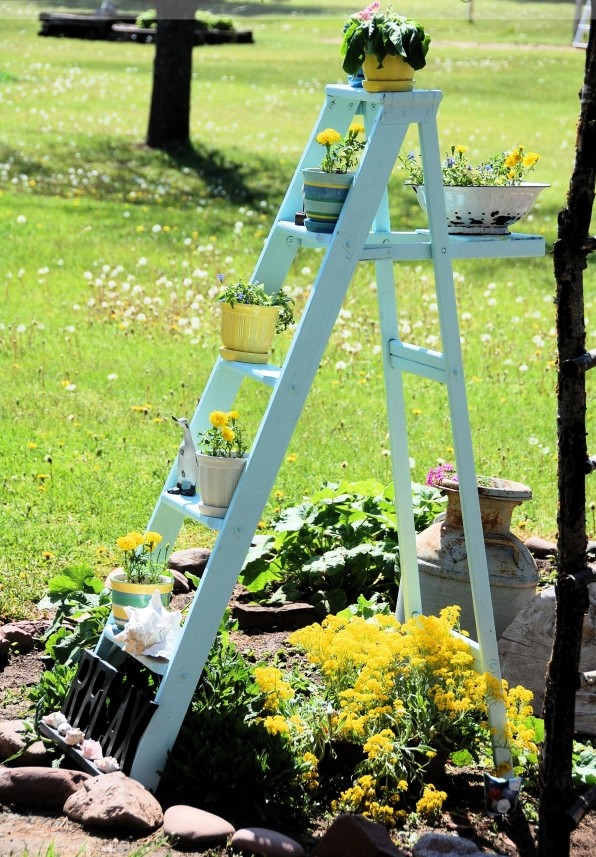 Build DIY flower stands yourself - Use old wooden ladders as flower ...