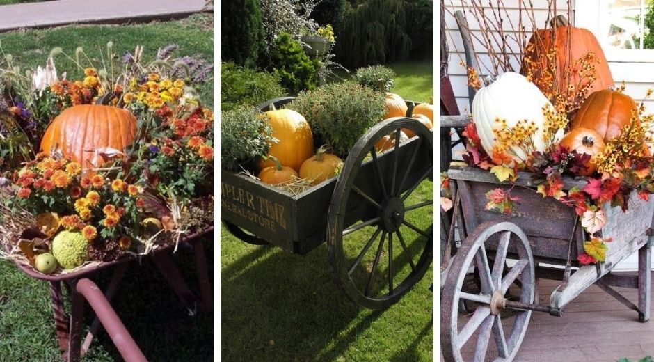 Original autumn decoration ideas with a wooden cart or a garden ...